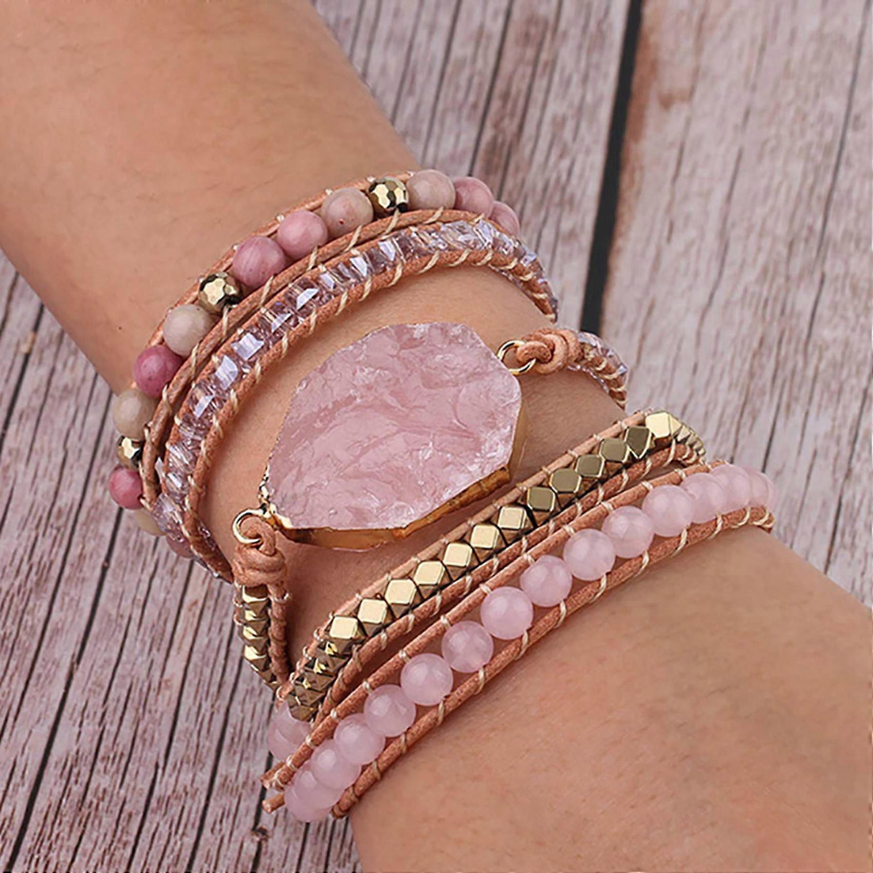 2X Natural Stone Bracelet Pink Quartz Leather Wrap Bracelets for Women ...