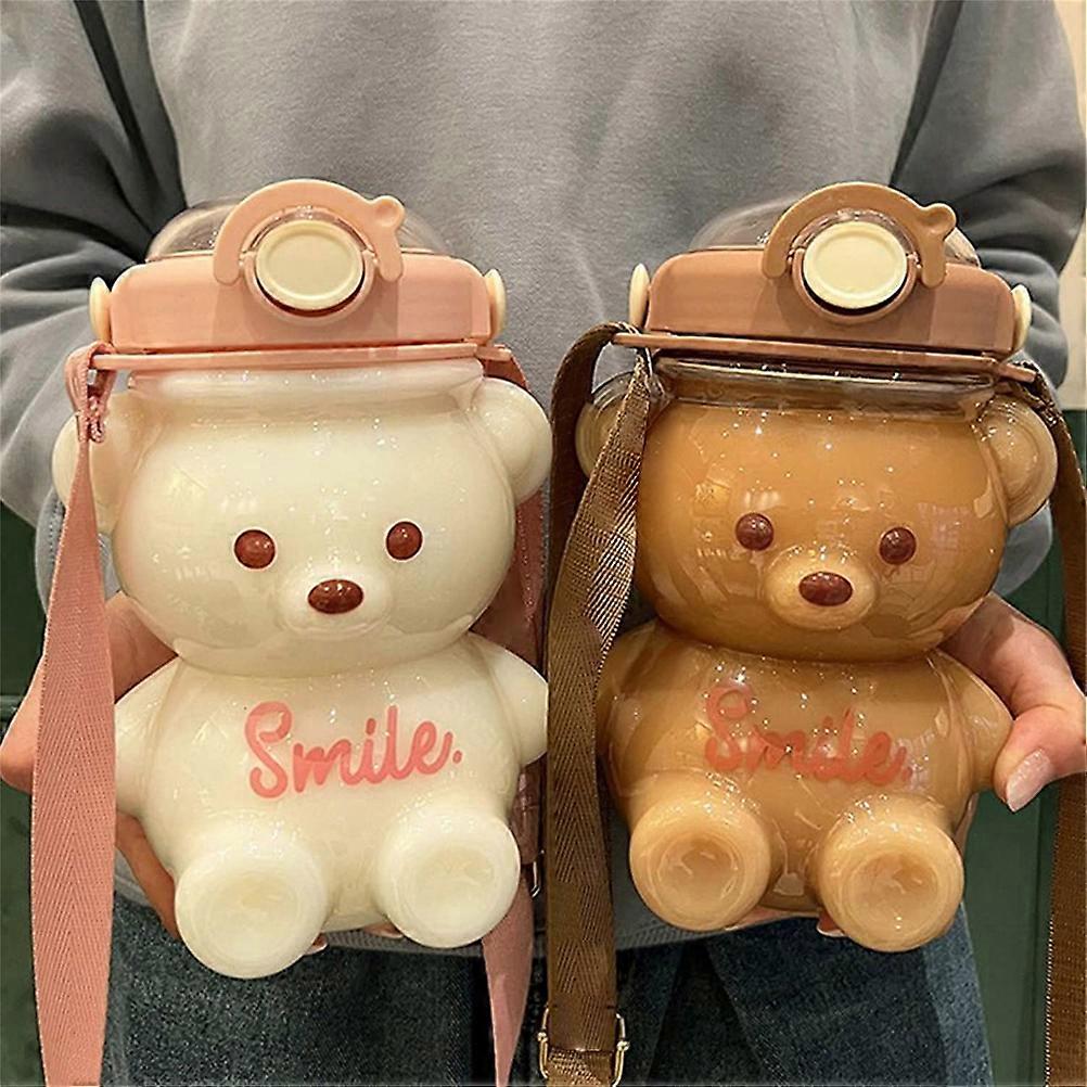 Kawaii Bear Straw Bottle Portable Cartoon Kids Water Bottle with Straw and Carrying Loop ...