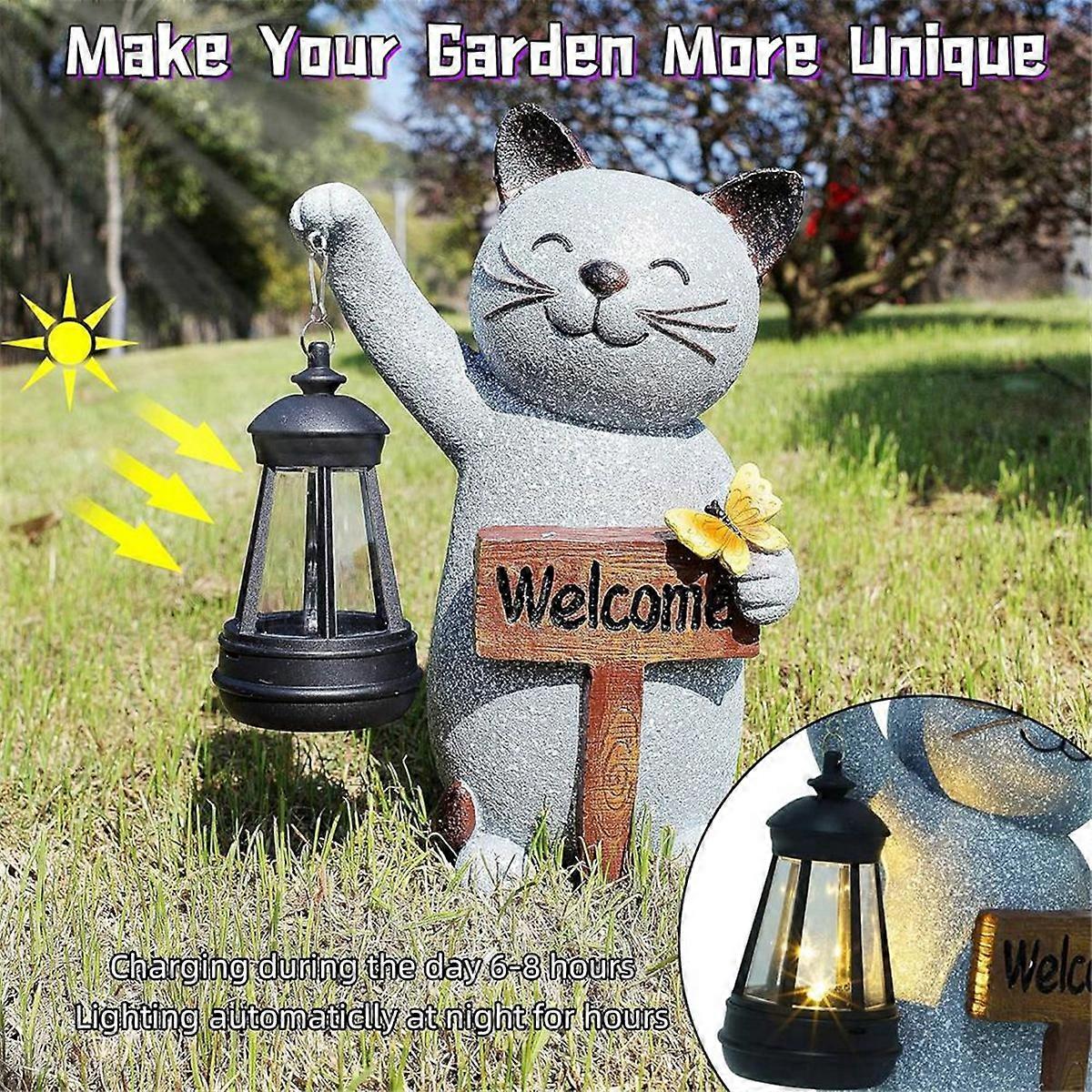Solar Powered Cat Statue with Lantern, Resin Kitten Outdoor Lawn Porch ...