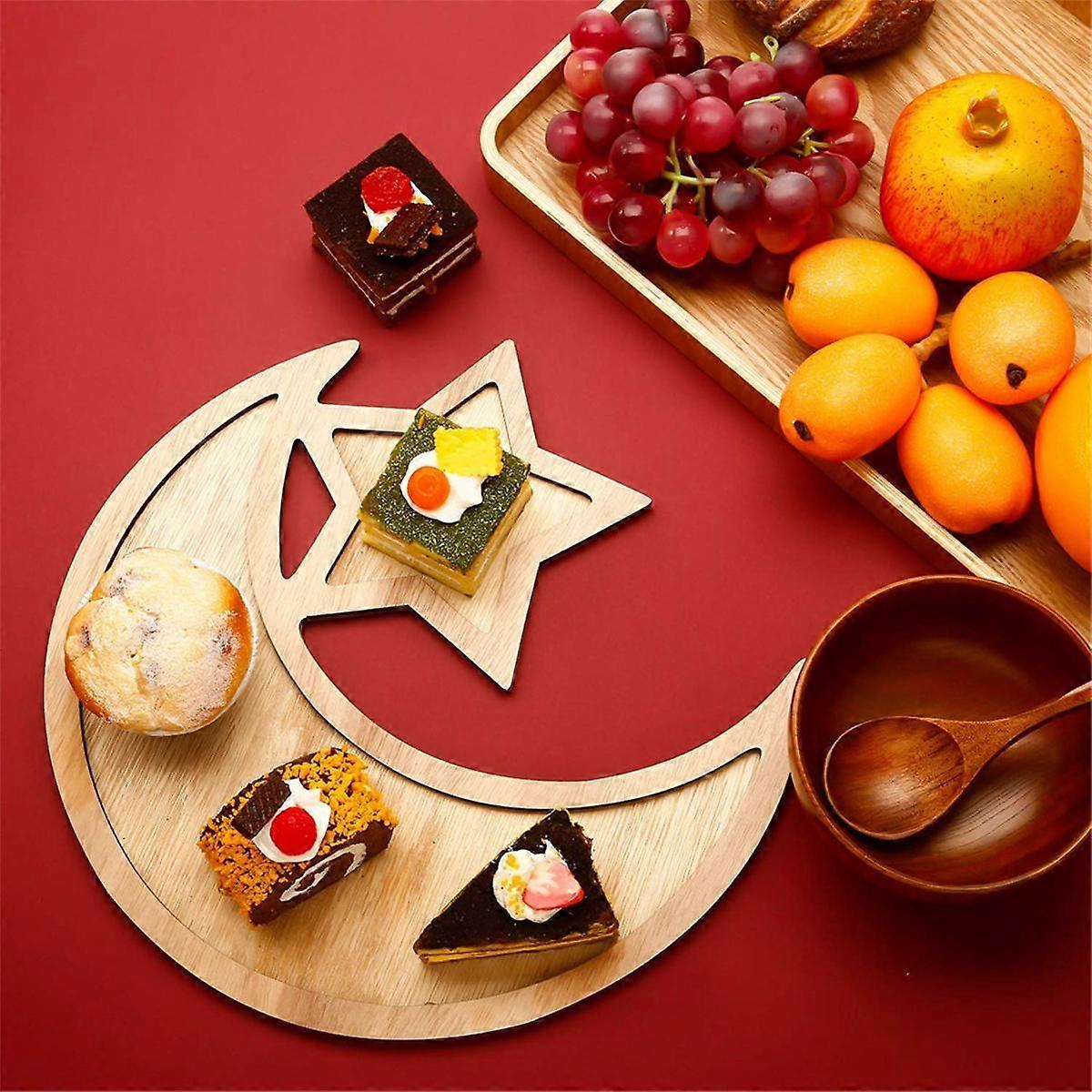 2 Sets Ramadan Wood Tray Moon Wooden Star Tableware Eid Mubarak Party ...