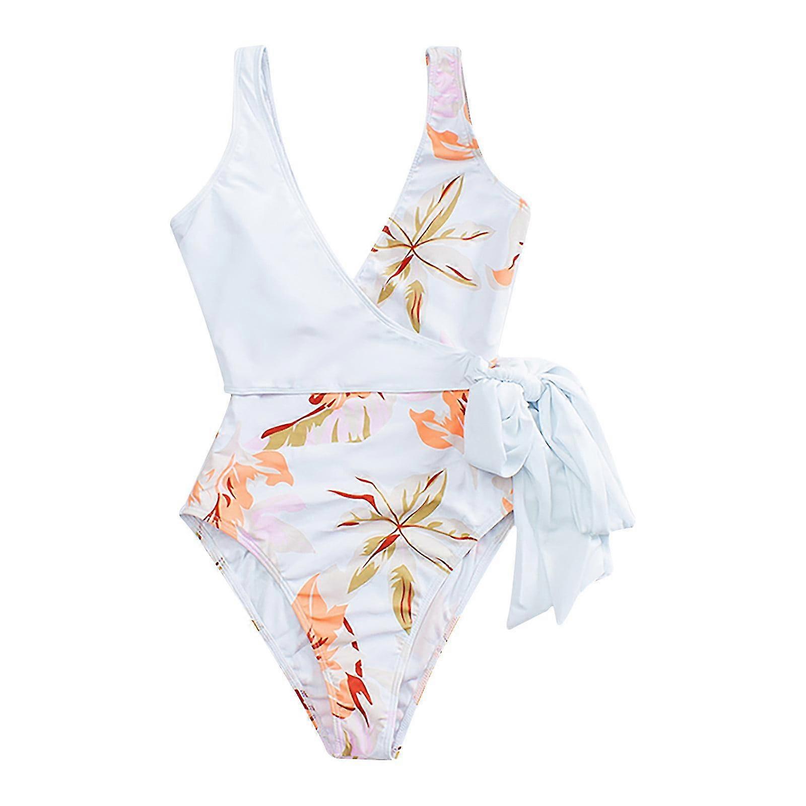 Women S One-piece Swimsuit Floral Stripes Stitching Beachwear Bow ...