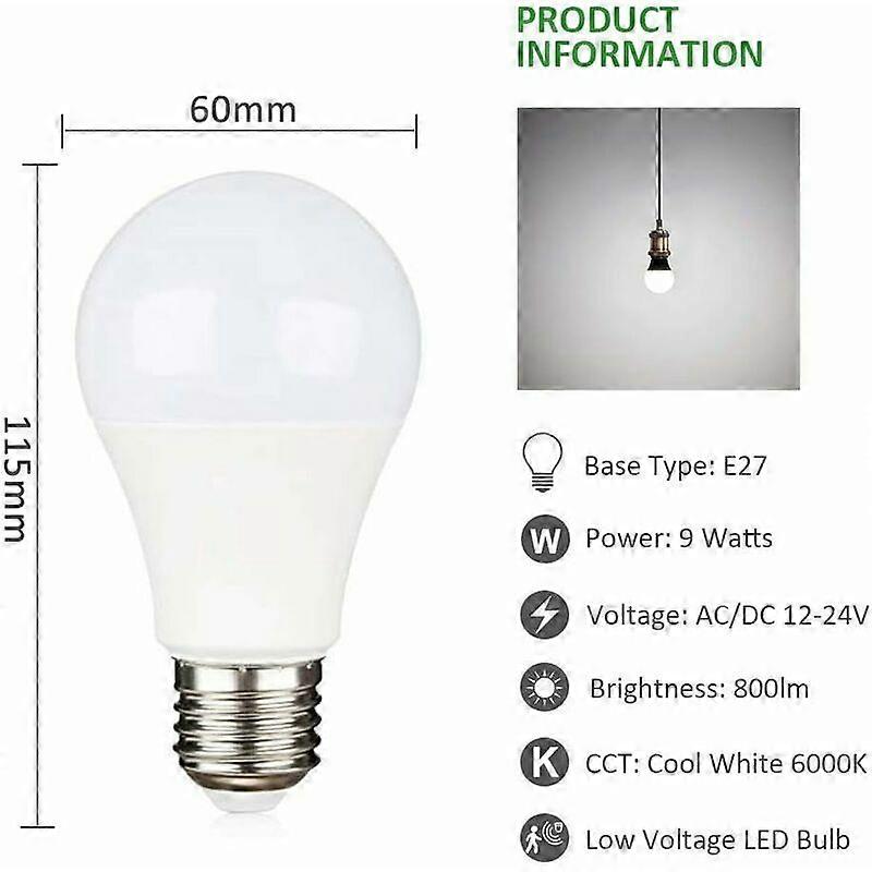 E27 9W 12V LED Blanc Froid 6500K pour Camping, quivalent Halogne 75W, Ampoule LED AC DC 12 Volt ...