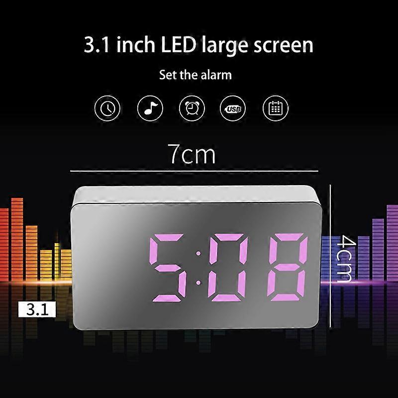 Mini Desk Alarm Clock Digital Mirror LED Temperature USB Bedside Table ...
