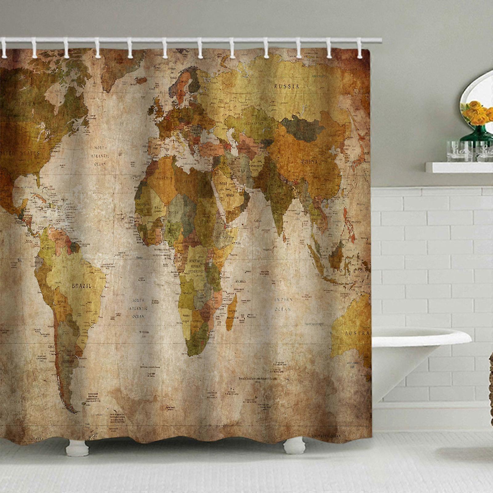 World Map Shower Curtains With Hooks Vintage Style Decor Bathroom ...