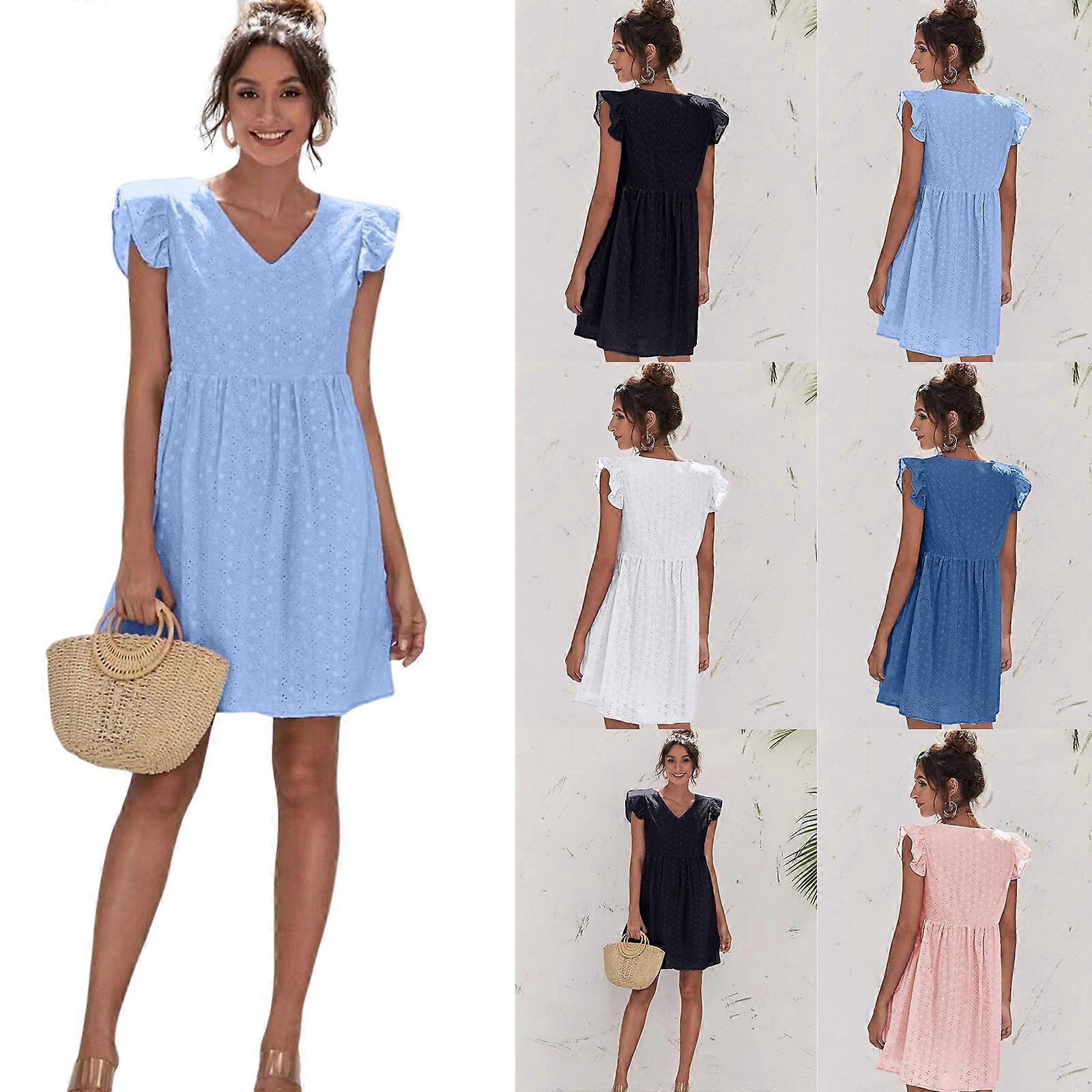 Women Summer Ruffle Short Sleeve Pleated A-Line Flowy Mini Dress V-Neck ...