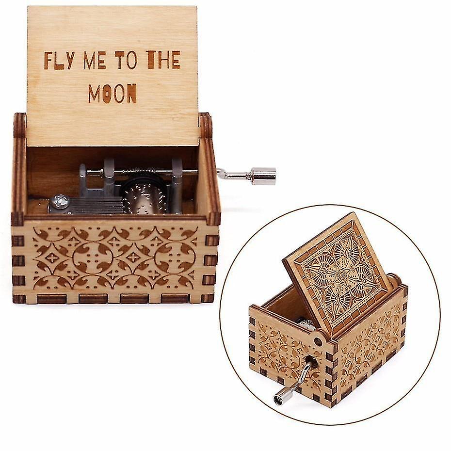 FLY ME TO THE MOON Vintage H Cranked Wooden Music Box 30 Note Tones ...