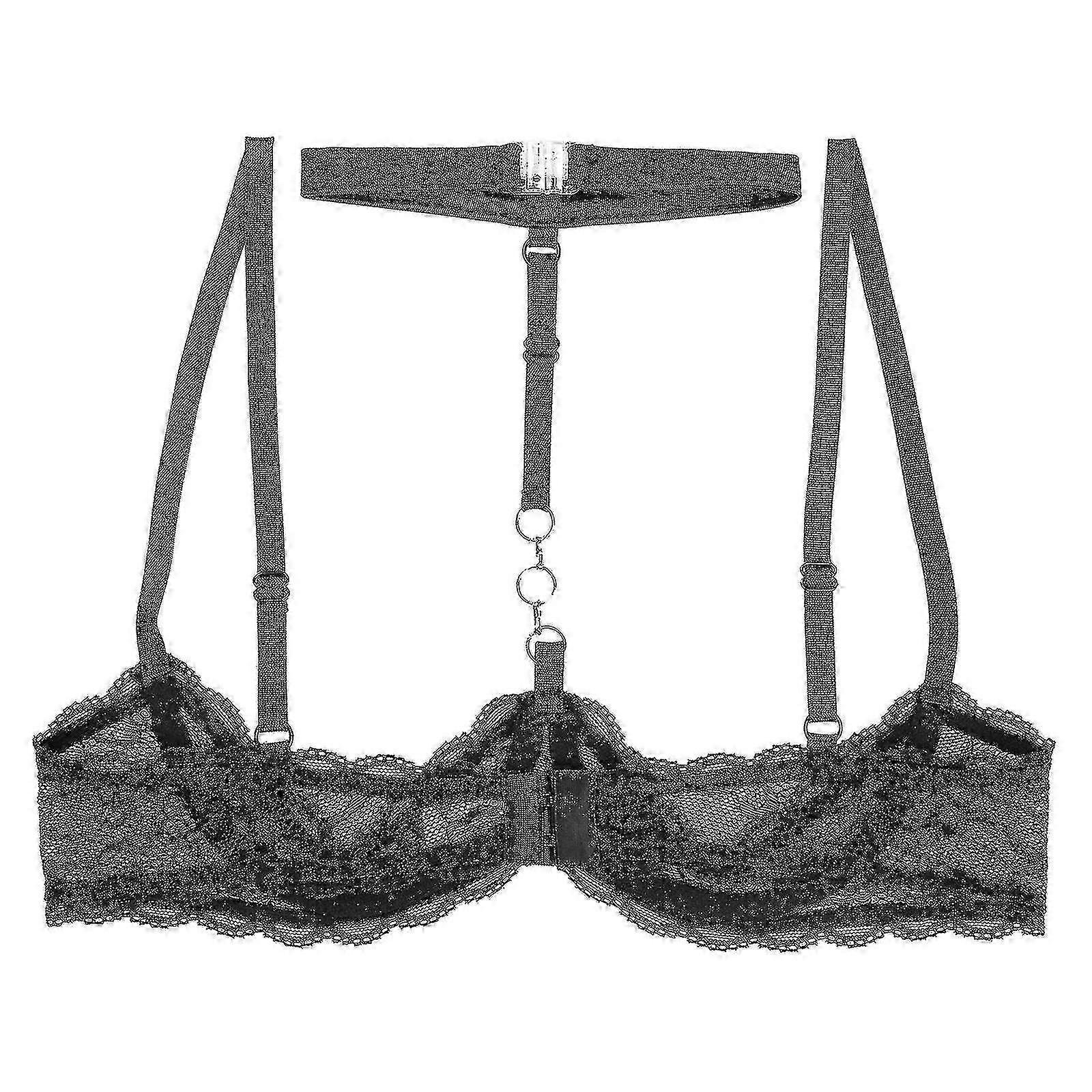 Womens 1/4 Cups Underwire Bra Halter Neck O Ring Sheer Lace Push Up ...