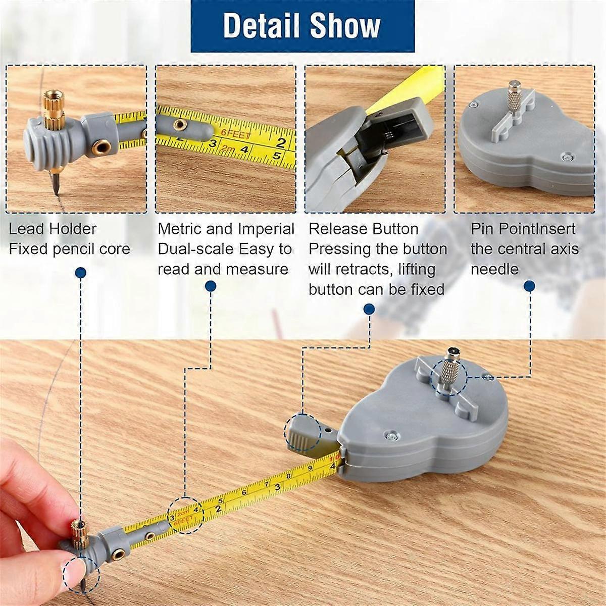 Rotape Tape Measure Compass with 10 Pencil Leads,Measure Beam Compass for Drawing Circles and ...