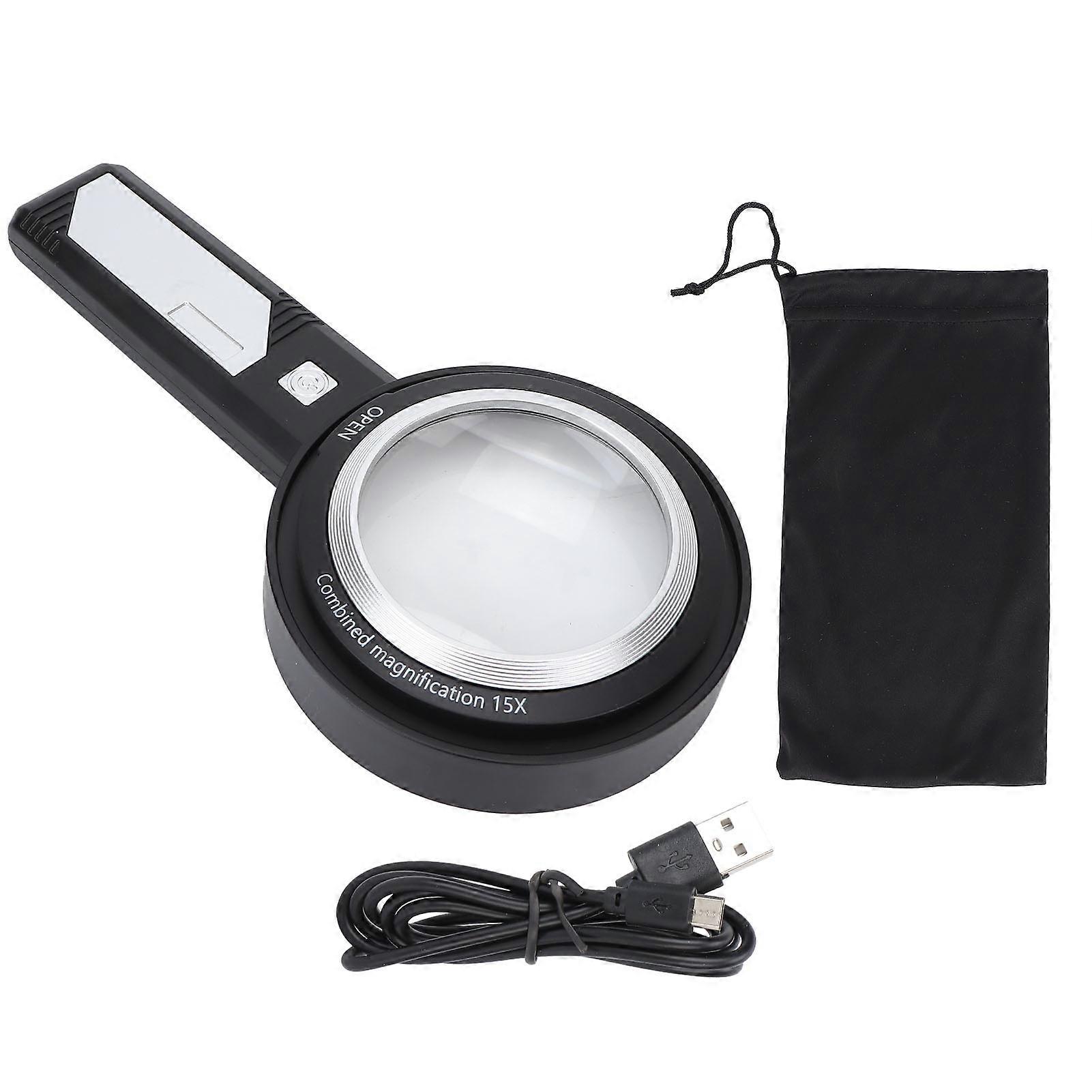 Handheld Magnifying Glass 6X/15X Reading Illuminated Lighted Magnifier ...