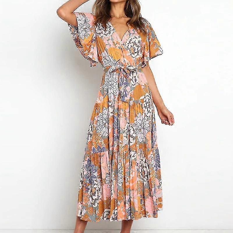 Dames Sexy Ruffle Maxi Jurken V Hals Bloemenprint Lange Jurk Party Baggy Zomer Strand Sundress ...