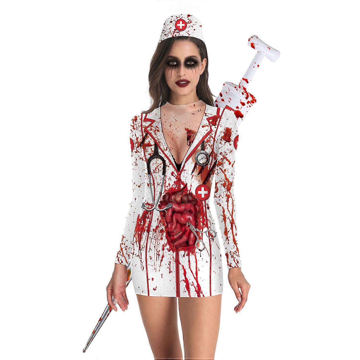 Women Bloody Nurse Costume Dress Long Sleeve Scary Halloween Clothes ...