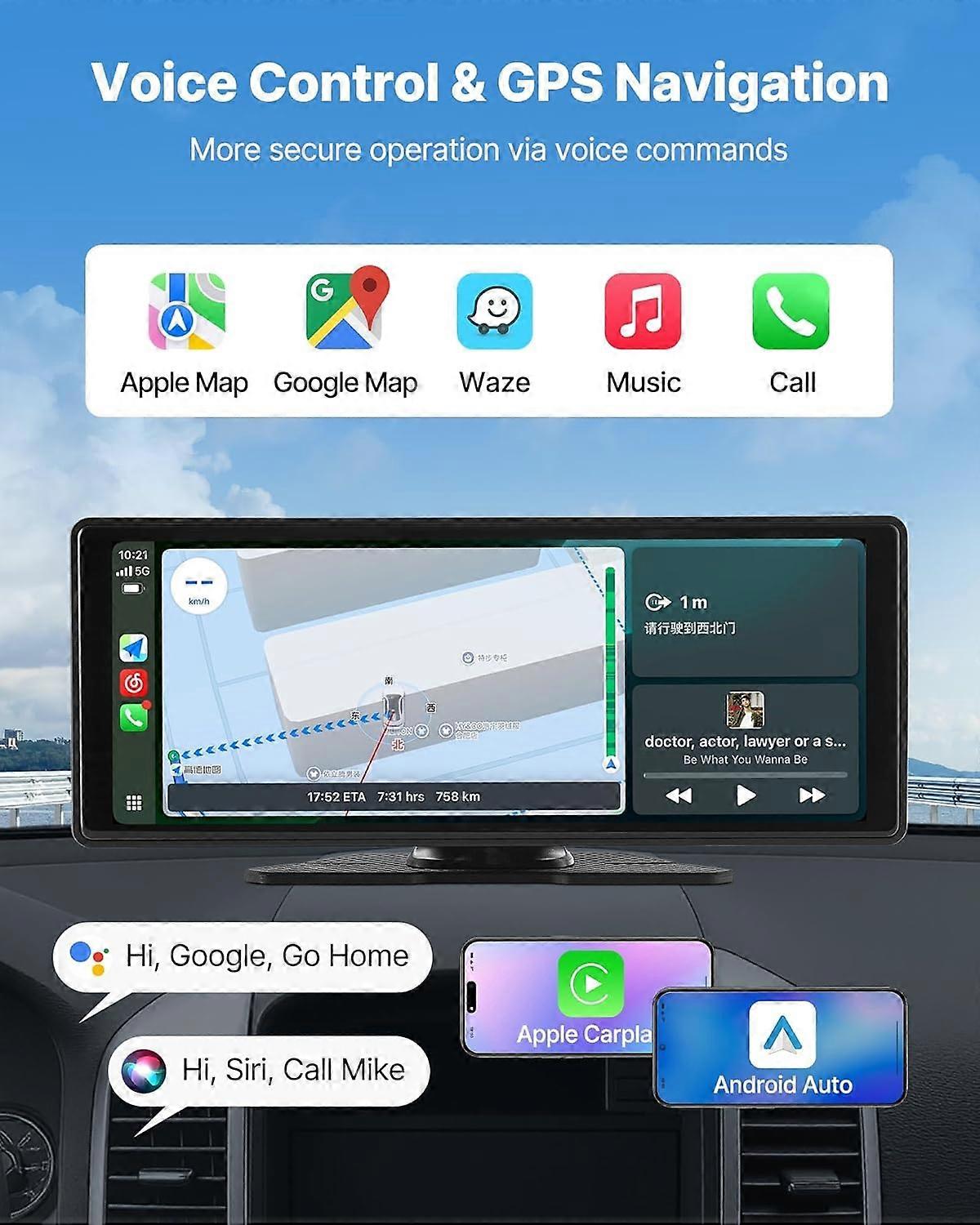 Wireless CarPlay Screen 10Inch HD Touchscreen Stereo with GPS, 4K Front ...