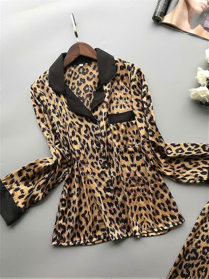 2-piece Set Women Pajamas Sets Sexy Leopard Print Silk Satin Long ...