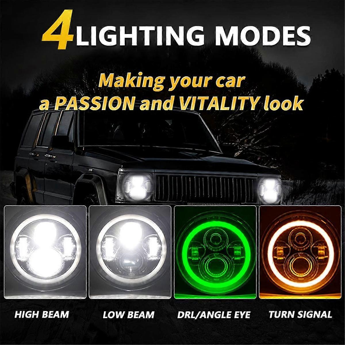 7 Inch Halo LED Headlight Hi/Lo Beam with Green DRL Amber Turn Signal ...