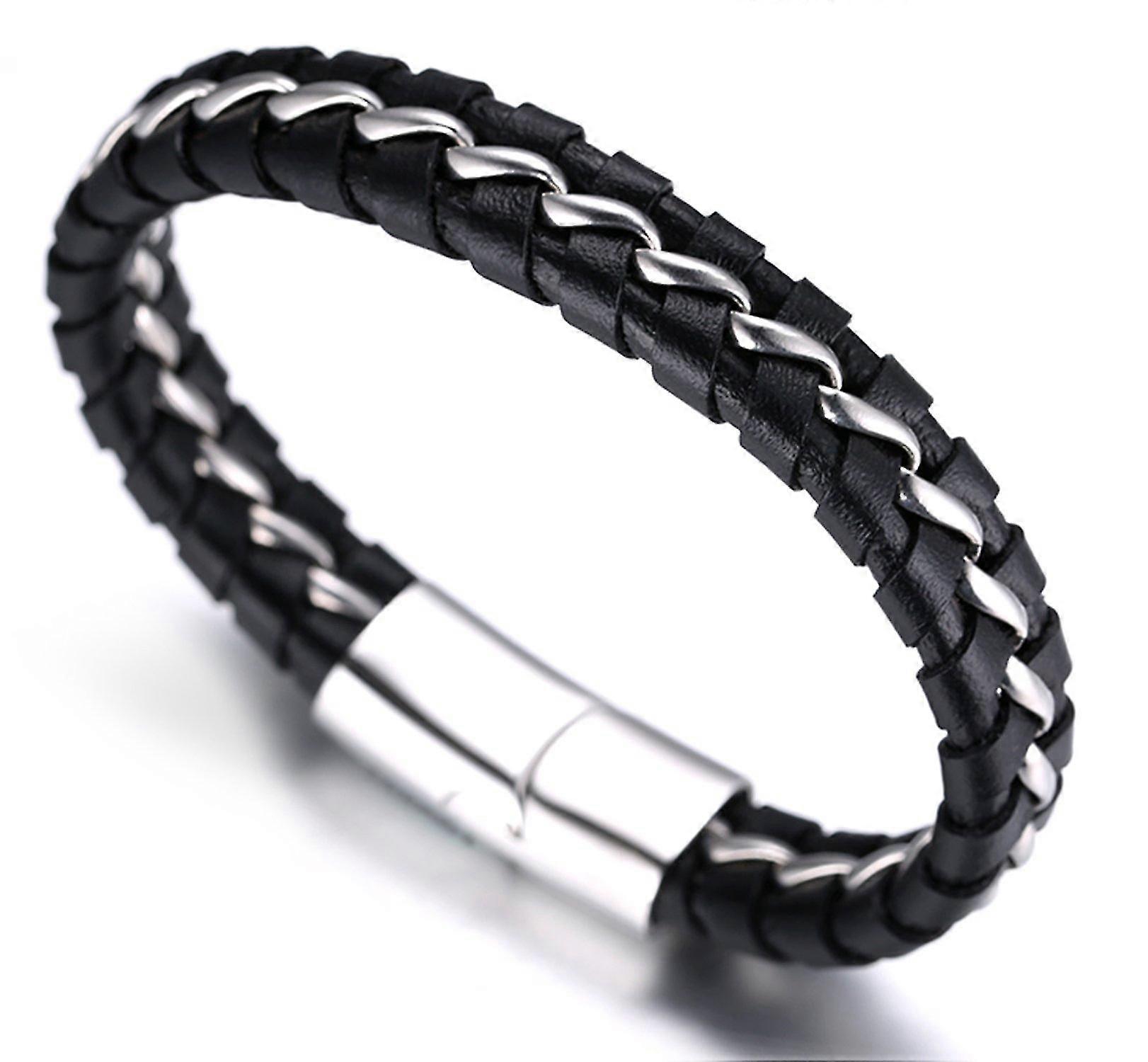 Kids Boy's Genuine Leather Bracelet Black.Titanium Silver Chain ...