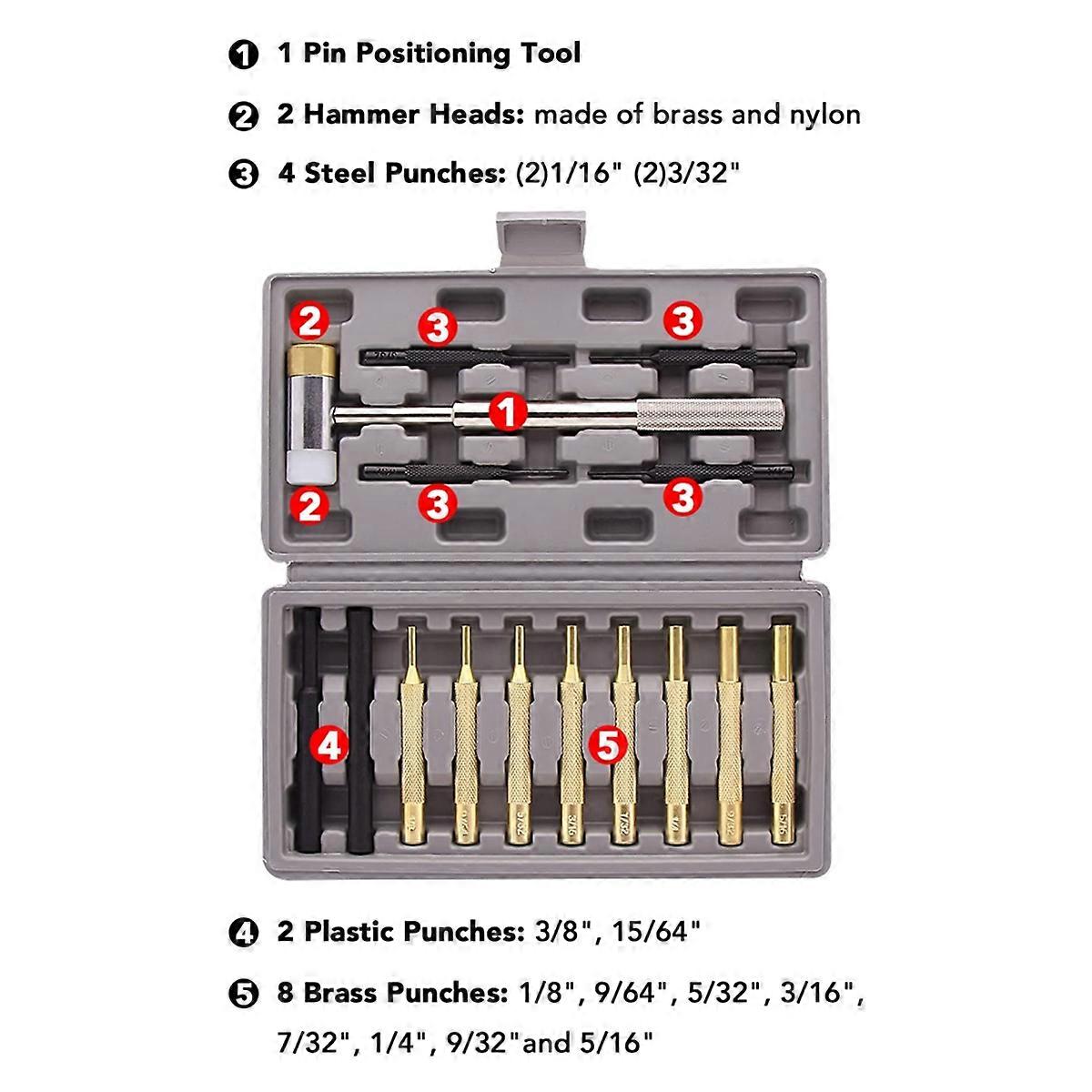 Professional Roll Pin Punch Set & Hammer -With Brass, Steel, Plastic ...
