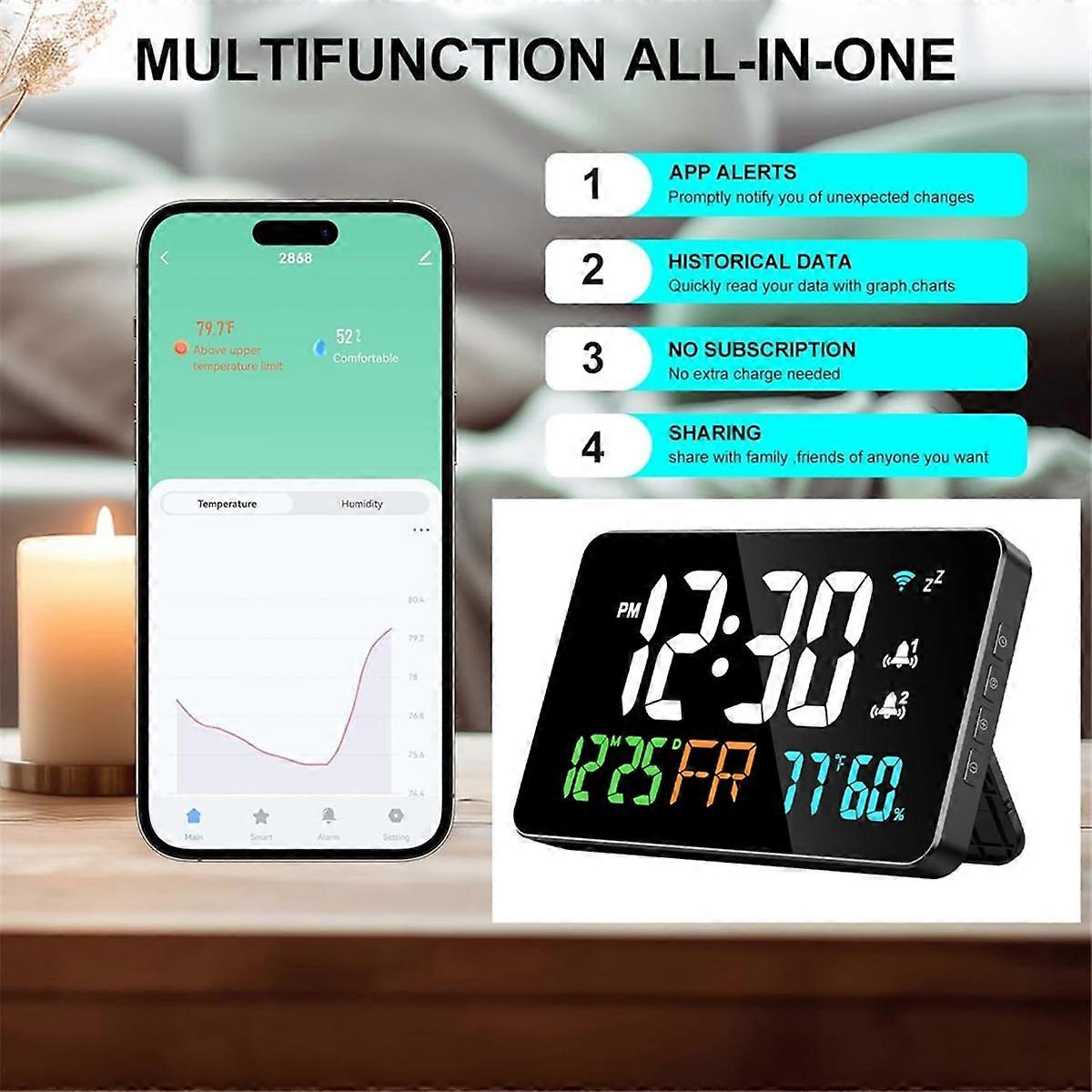 Digital Clock Alarm Clock WiFi Clock, Extra Large Letters, Temperature ...