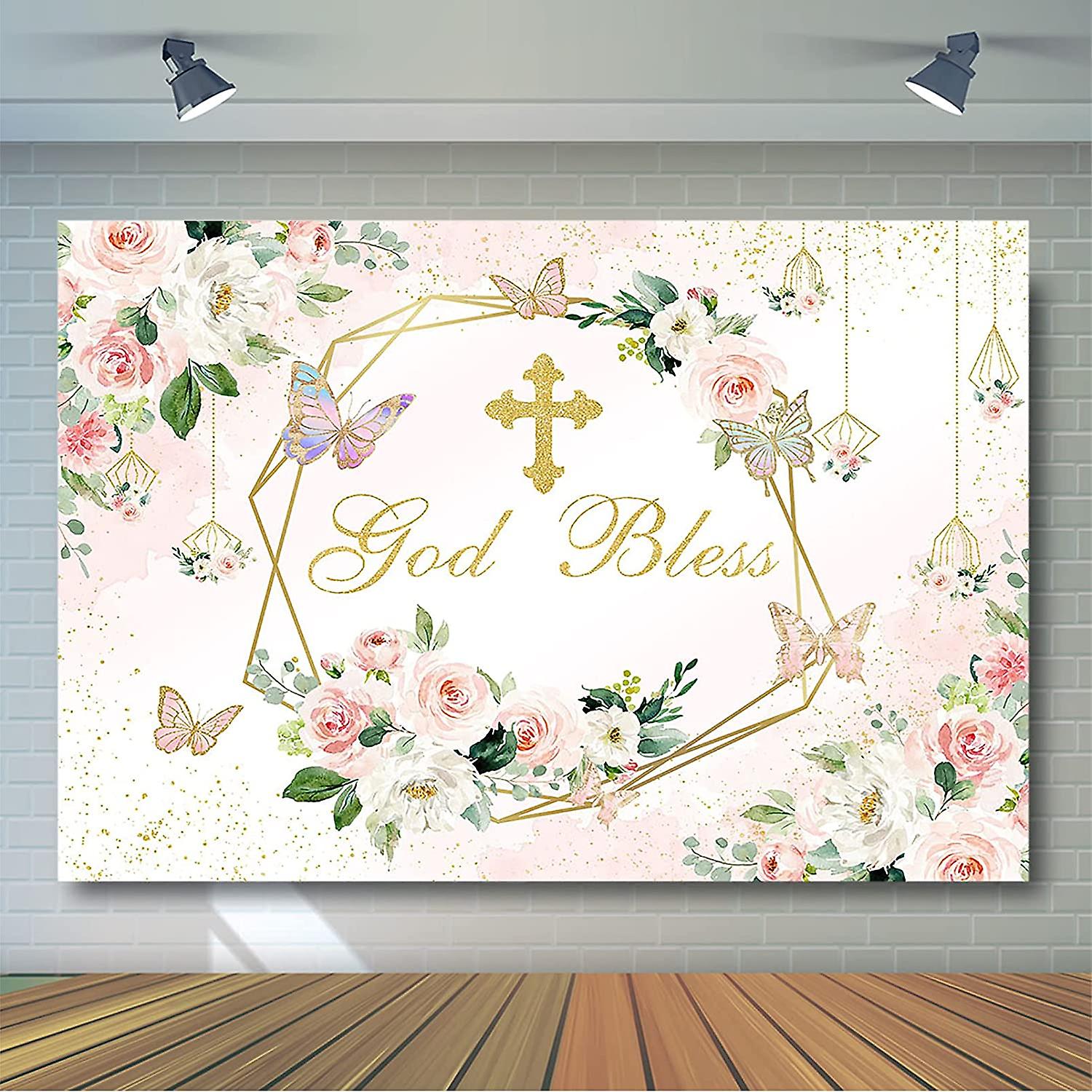 God Bless Backdrop For Girl Baptism Party First Communion Confirmation ...