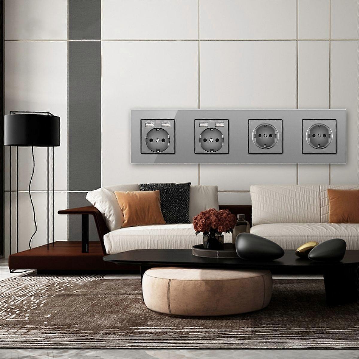 Eu Plug Power 4 Gang Outlets With 4 USB Ports 16A 250V Wall 4 Way Grey ...