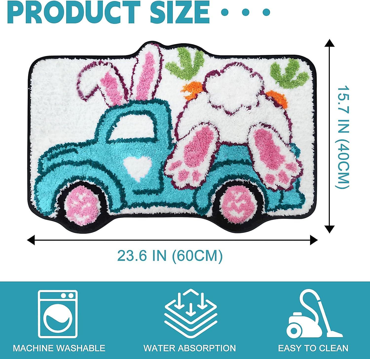 Easter Bath Mat, Bunny Teal Truck Bathroom Rugs - Farmhouse Easter ...