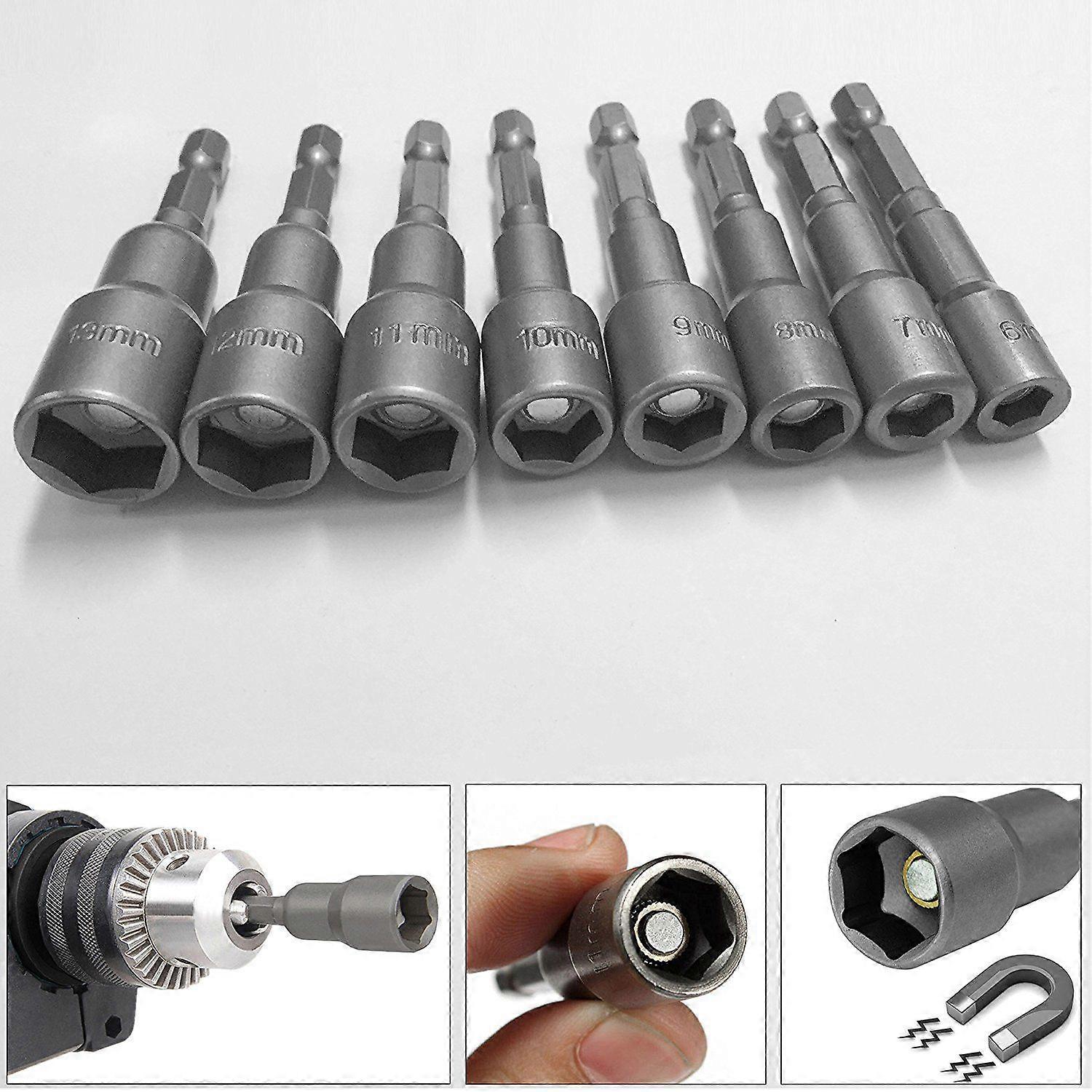 8pcs 1/4 inch Hex Magnetic Nut Driver Socket Set Metric Impact Drill ...
