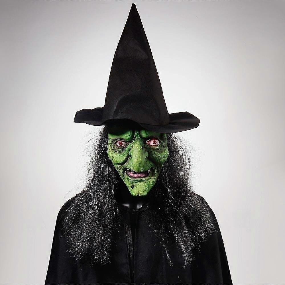 Wizard Green Face Horror Mask with Long Hair, Halloween Party Full Head ...