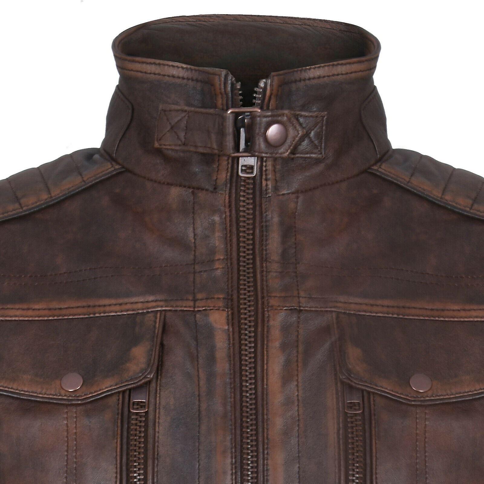 Men's Vintage Brown Leather Retro Biker Jacket | Fruugo UK