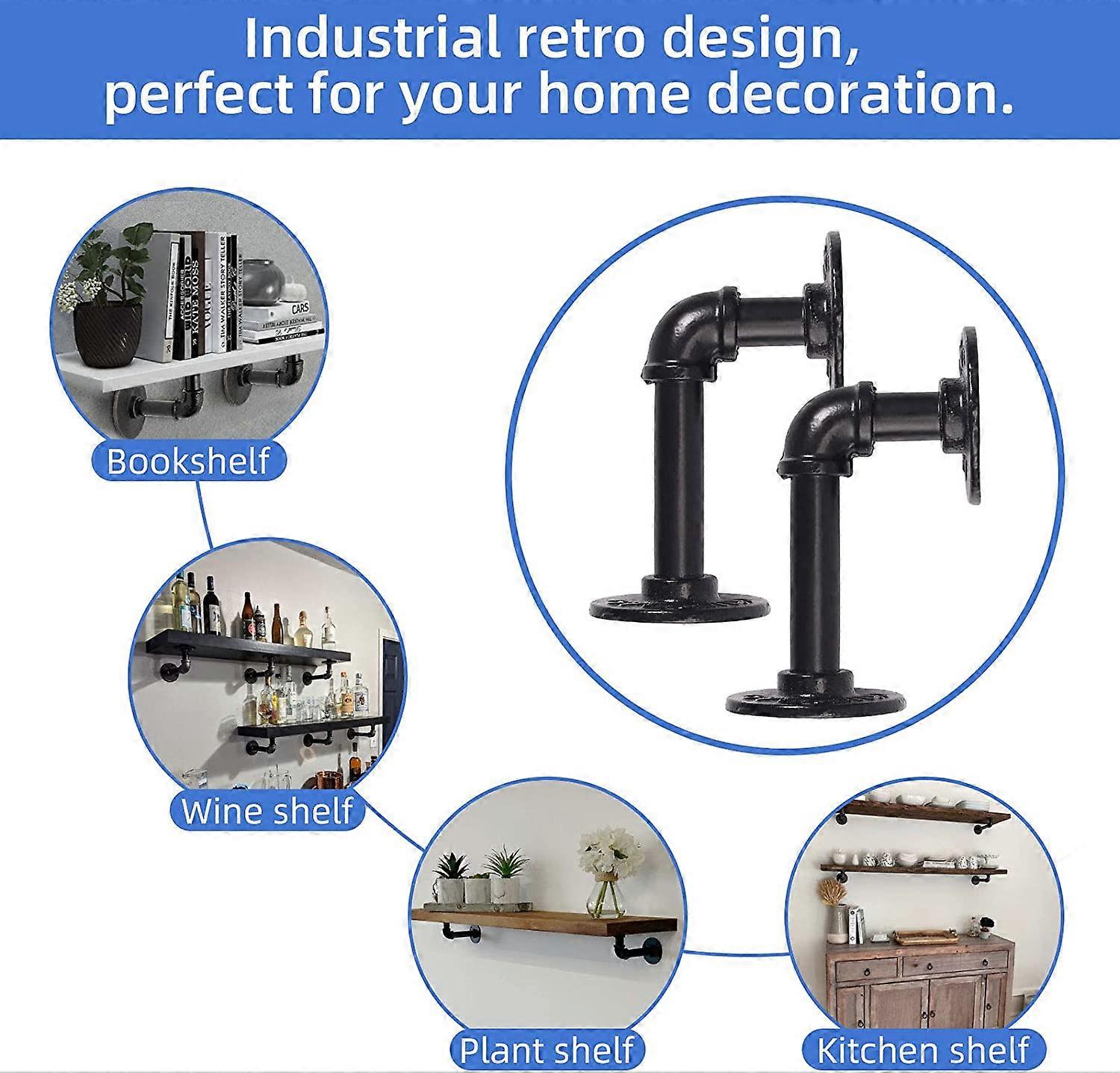 Pipe Shelf Brackets, 2 Pack Industrial Black Pipe Shelf Brackets Wall ...