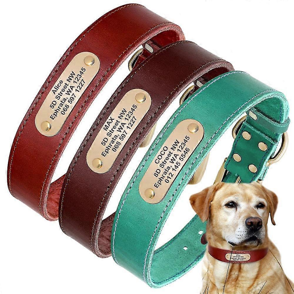 Real leather dog collar personalized pet id collars custom engraved tag ...