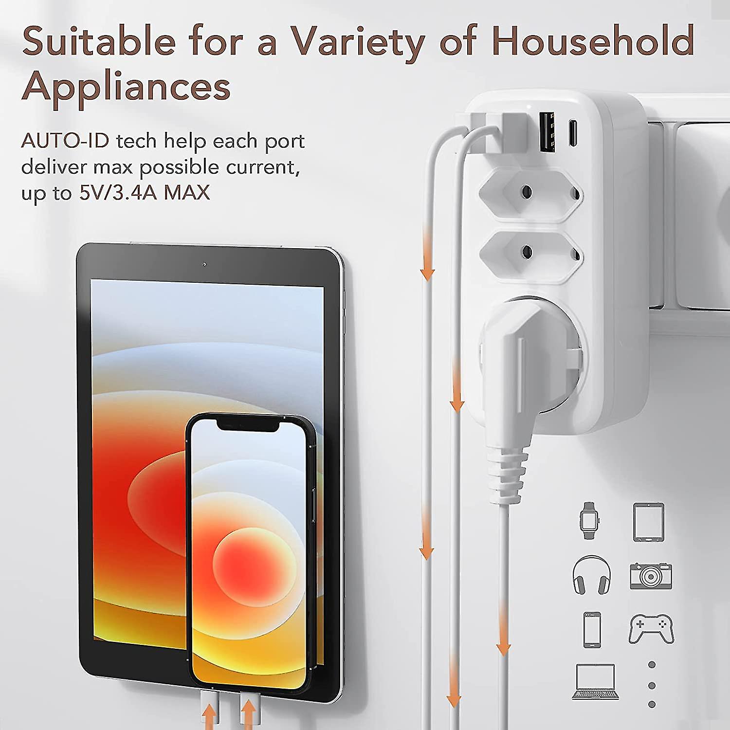 7-in-1 Socket Adapter With Usb Charger, 3 Sockets, 3 Usb Ports, 1 Type ...