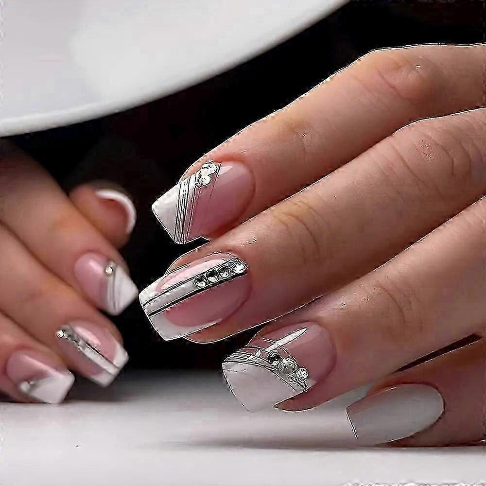 24pcs Square False Nails Irregular Geometry Black French Love Heart ...