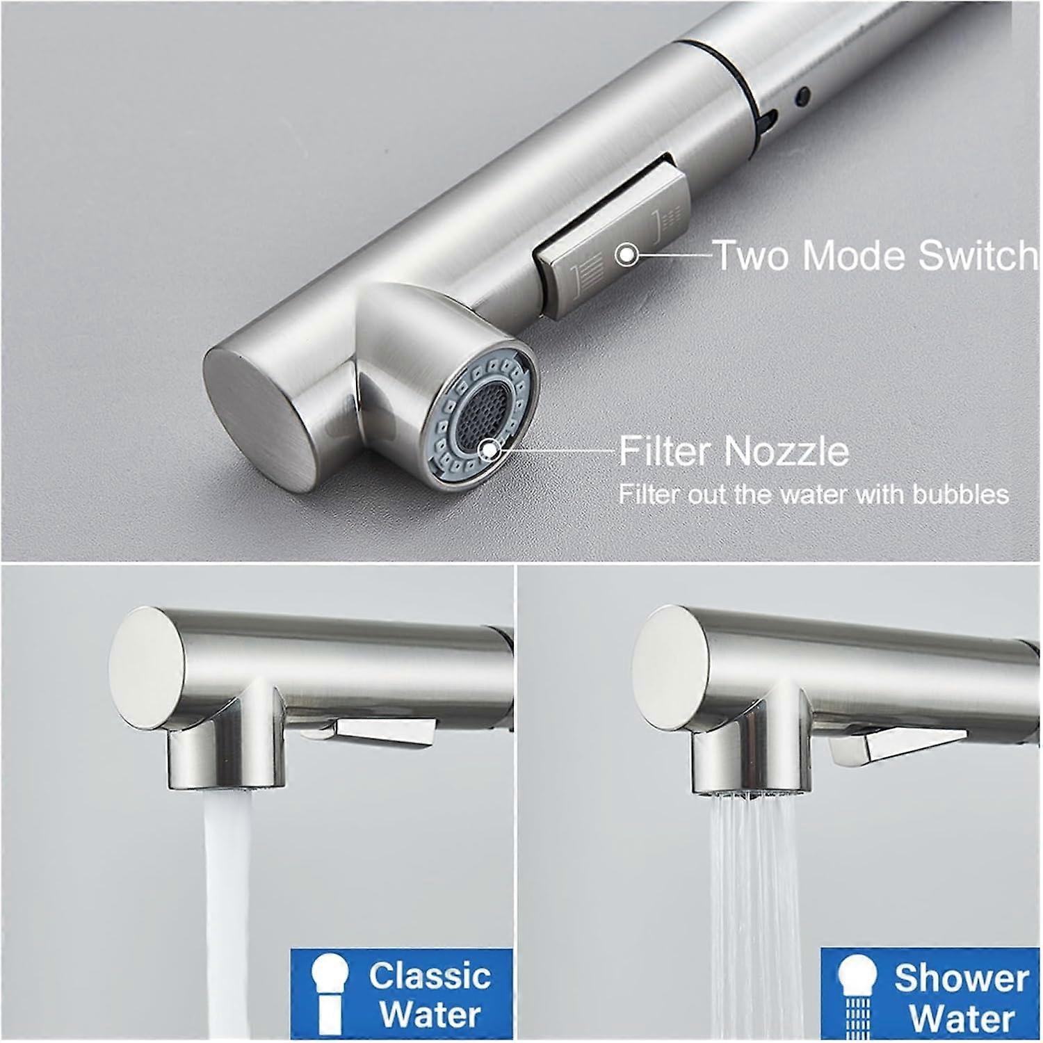 Brushed Nickel Pull Out Kitchen Sink Faucet High-Pressure Two-Mode ...