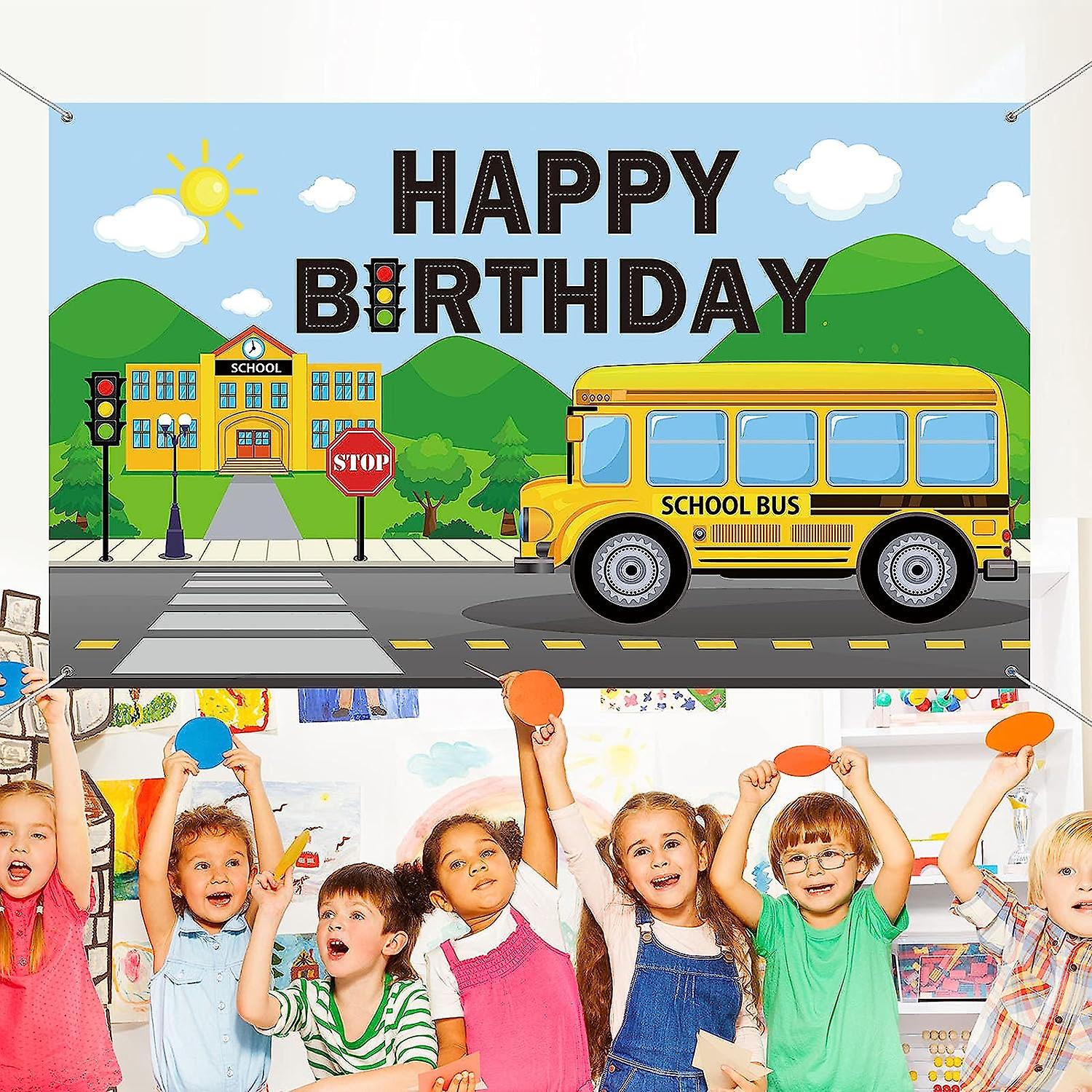 Yellow School Bus Birthday Party Decoration Backdrop Banner, Wheels Bus ...