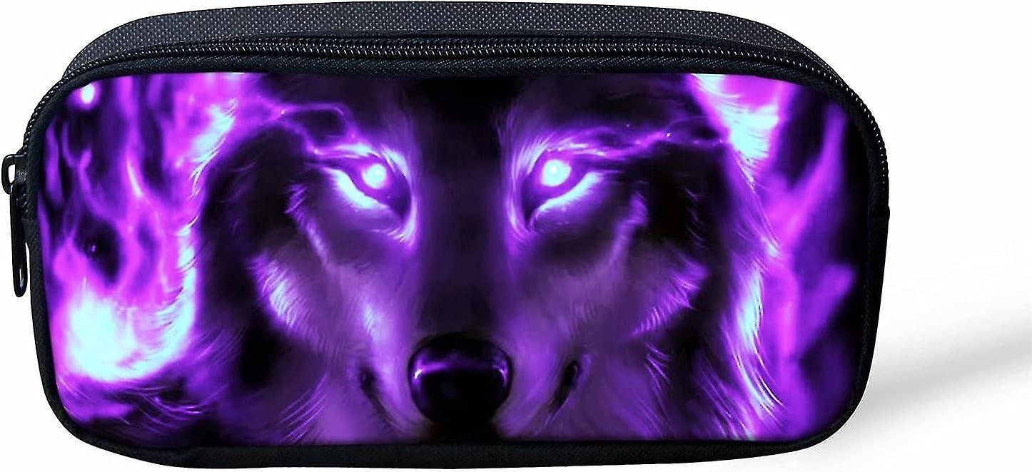 Wolf Print Pencil Case For School Kids Boys Purple Neon Wolf Pen Bag ...