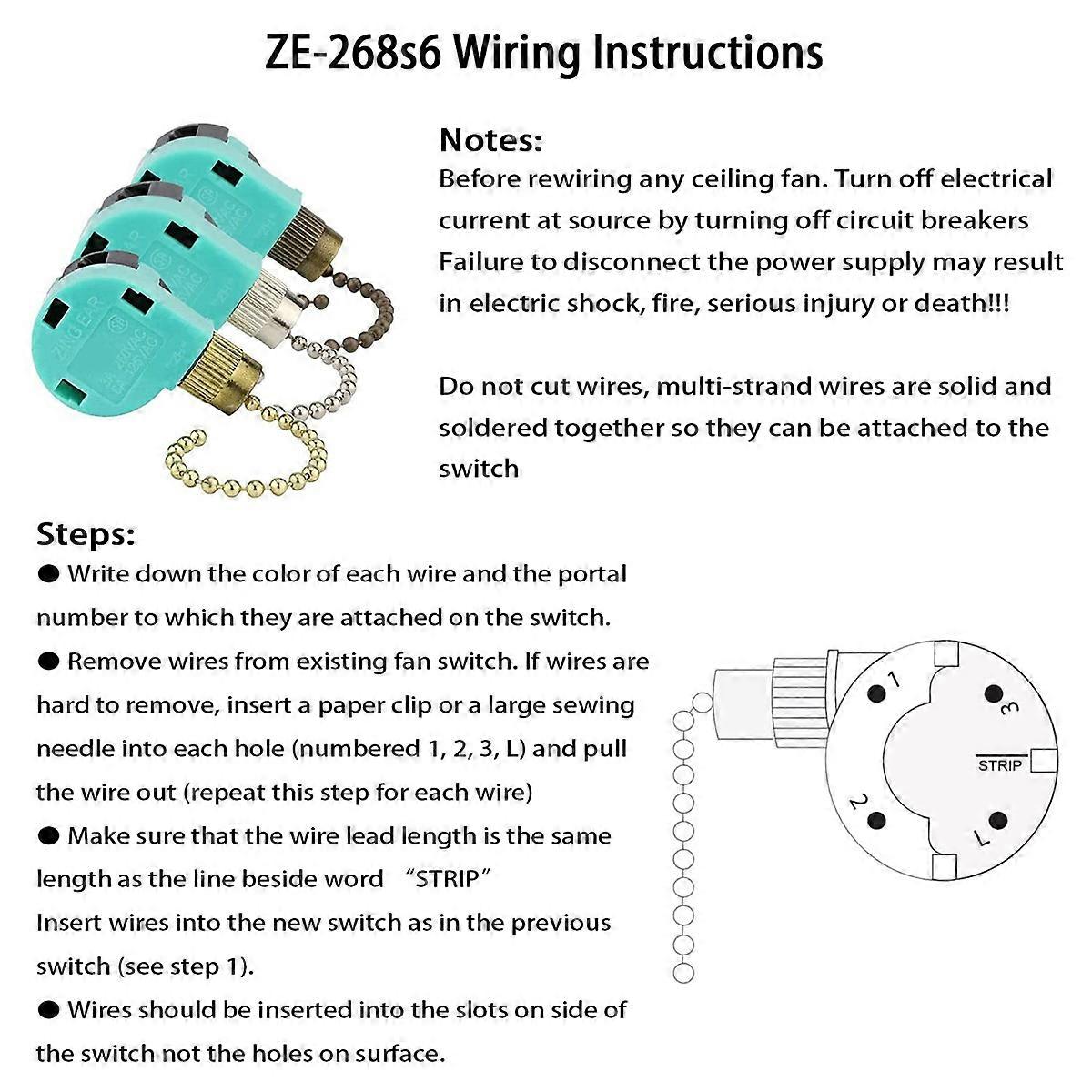 3Pcs ZE-268S6 Ceiling Fan Switch 3 Speed 4 Wire for Ceiling Fans and ...