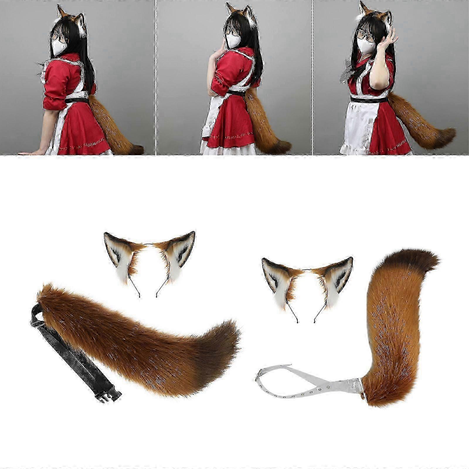 Fox Ears and Tail Set Furry Fox Ears Headband with Tail Halloween ...