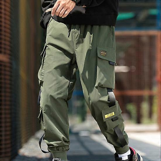 Cool Solid Color Men Cargo Pants Casual Ealstic Waist Hip Hop Trousers ...