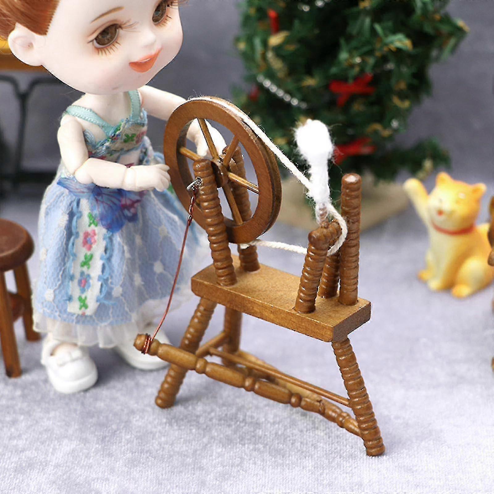 1: 12 Wood Spinning Wheel Diy Mini Hand Reeling Machine Model Wooden ...