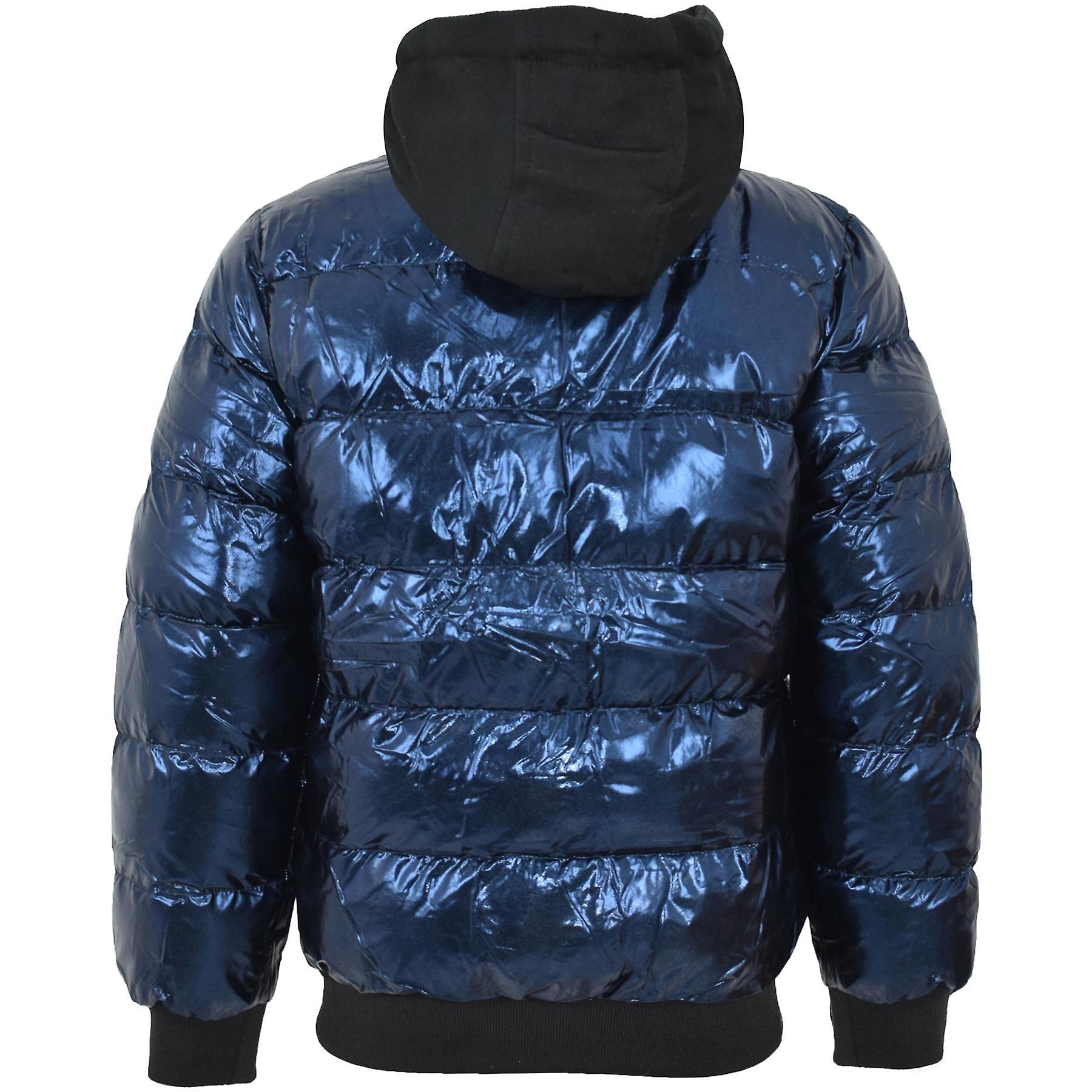 Unisex Blue Padded Jacket Metallic Wet Look Bubble Coat | Fruugo UK