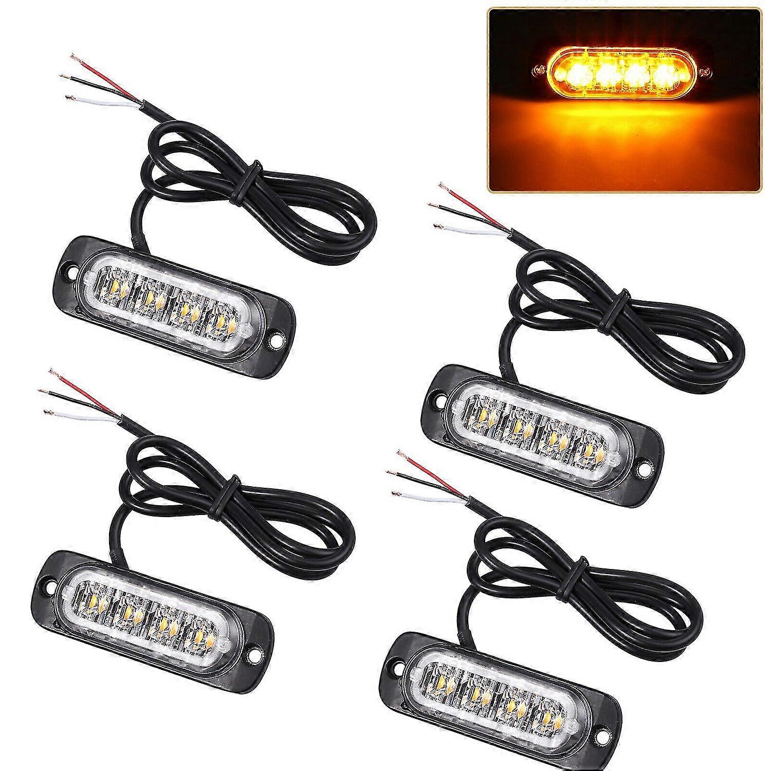 4Pcs 4 Led Recovery Strobe Lights 12V 24V Orange Grill Breakdown ...