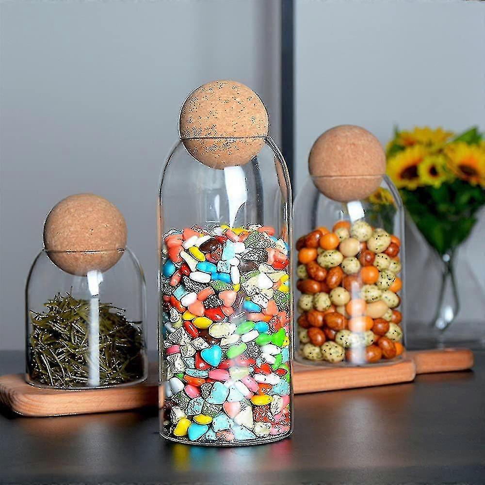 3pcs/set Of Glass Food Storage Jars With Spherical Cork Lids, Bamboo ...