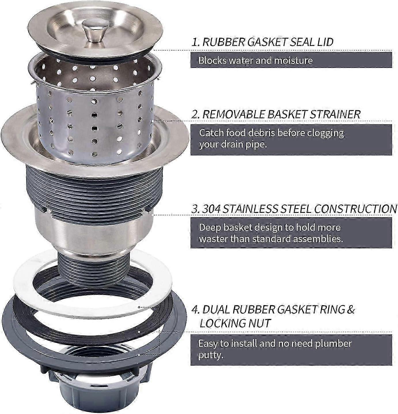 3-1/2 inch sink drain assembly kit, removable deep sink strainer basket ...