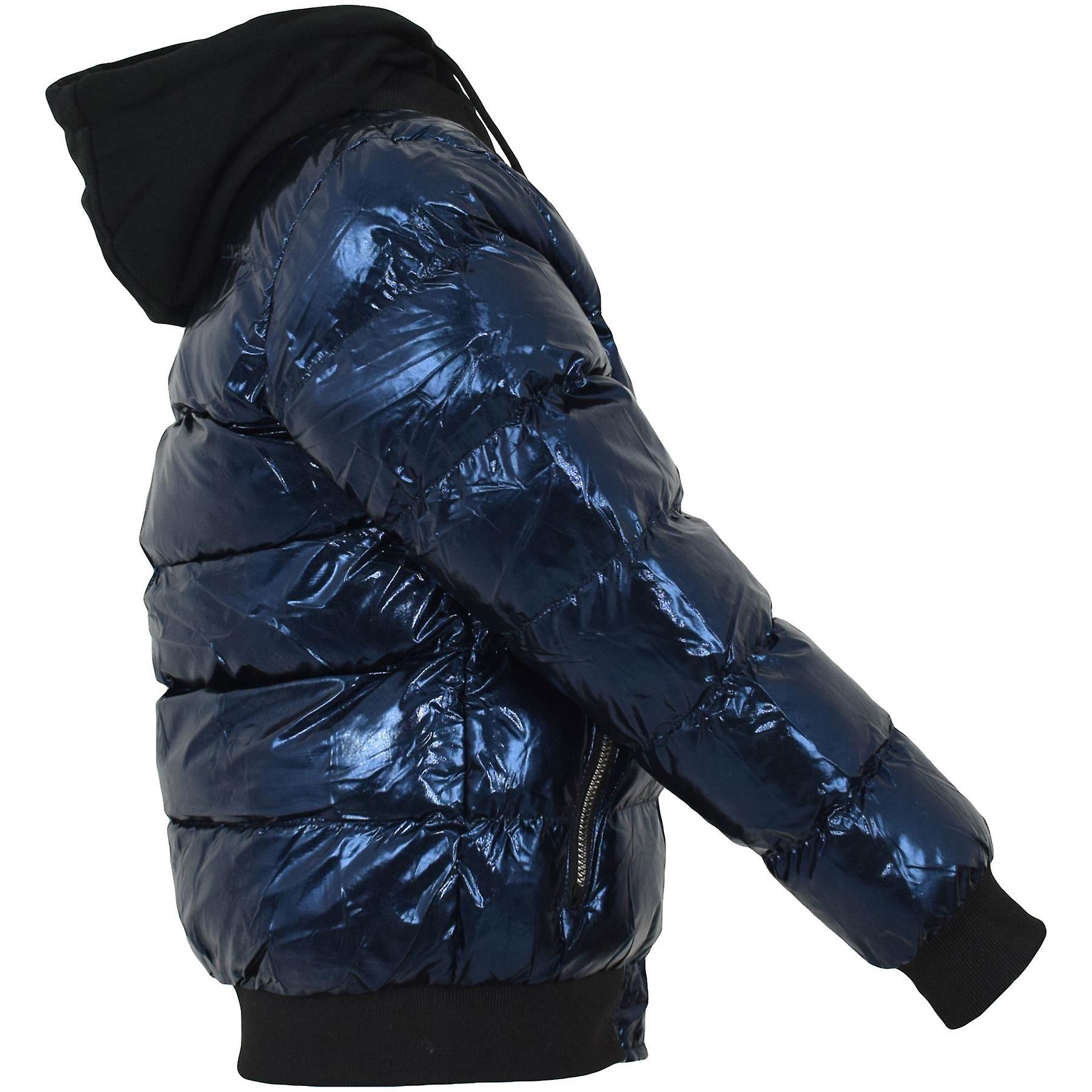 Unisex Blue Padded Jacket Metallic Wet Look Bubble Coat | Fruugo UK