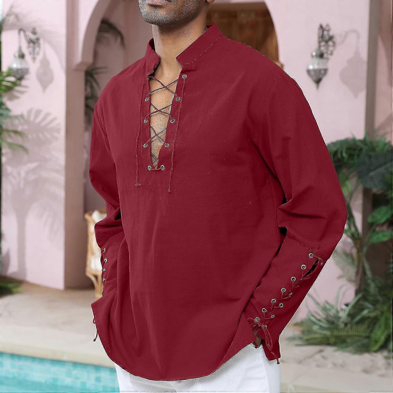 Men's Cotton Linen Shirt Drawstring Arm Banded Tops Medieval Viking ...