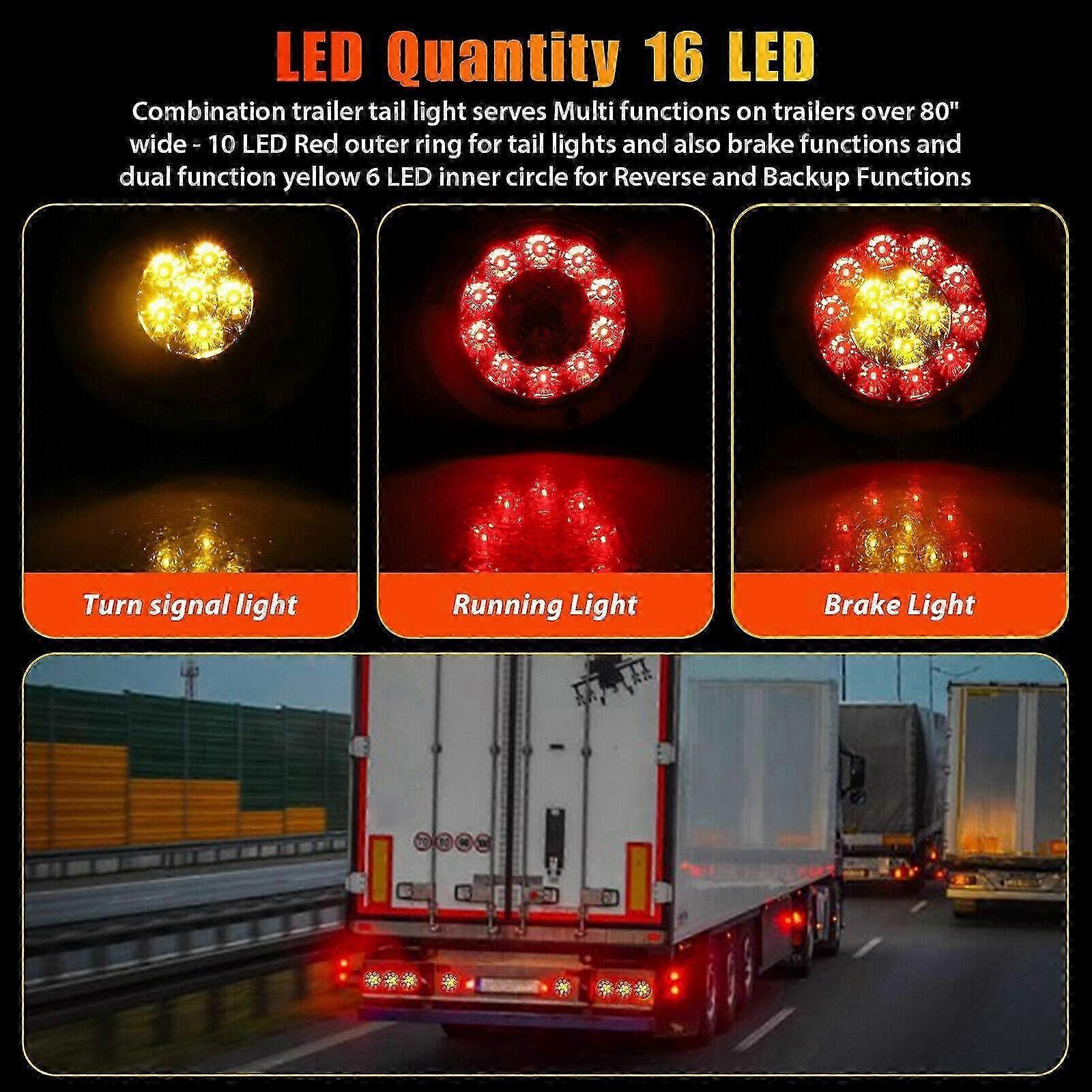 2pcs Red/amber 16 Led 4 Inch Round Truck Trailer Brake Stop Turn Signal ...