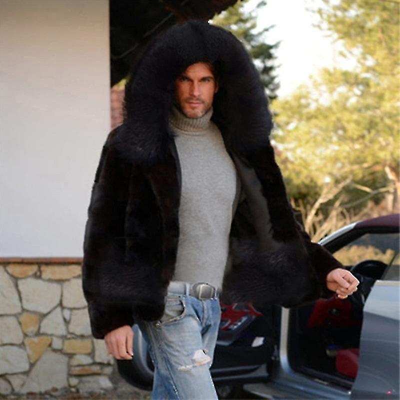 Men's Hooded Faux Fur Coat Warm Winter Jacket With Fuzzy Hood | Fruugo UK