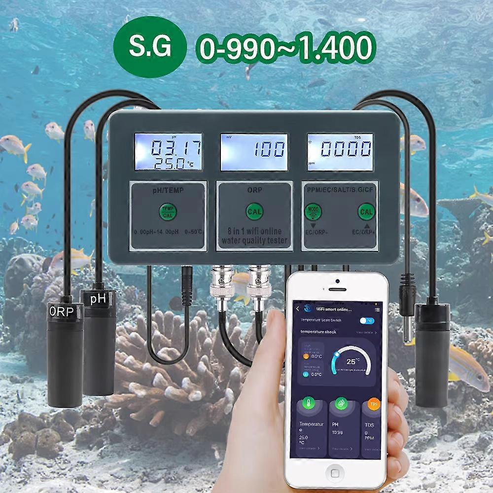8 in1 WIFI Smart Monitor Fish Tank Pool Water Quality Meter PH ORP EC ...