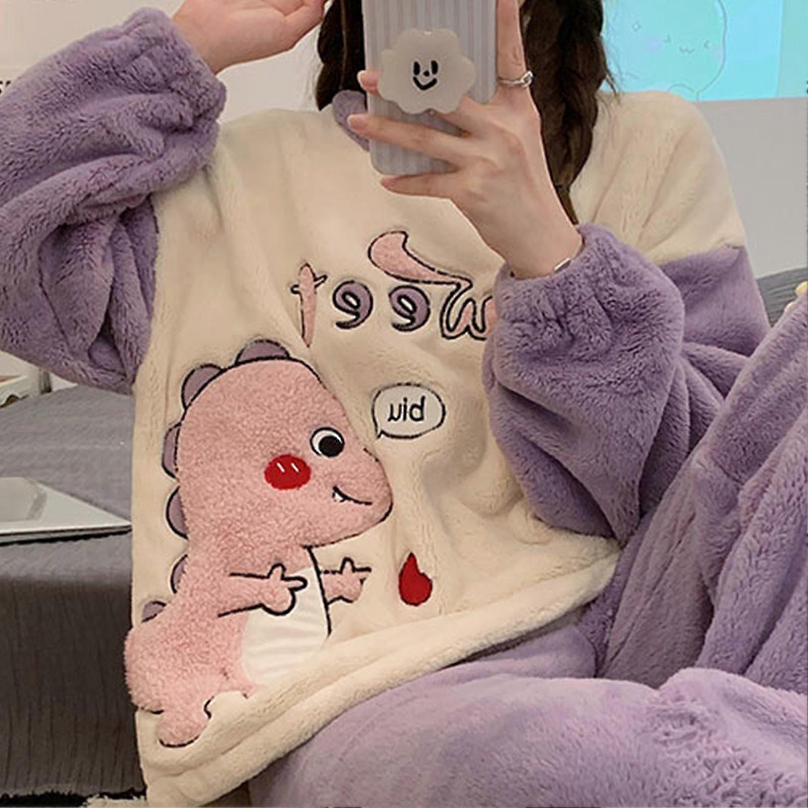 Women Fluffy Pajamas Set Kawaii Leisure Loose Two-piece Sleepwear Set ...