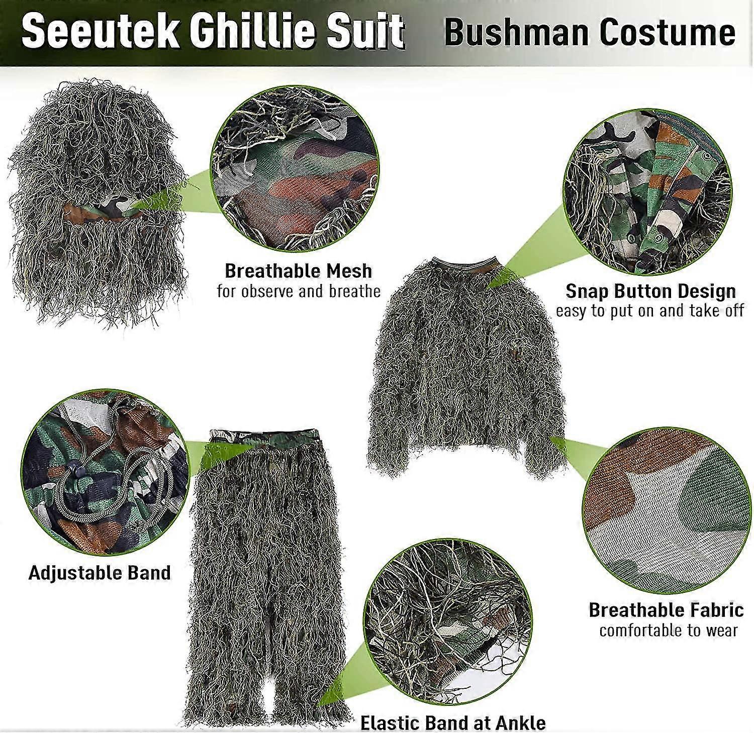 6 In 1 Ghillie Suit, 3d Camouflage Hunting Apparel Including Jacket, Pants, Hood, Carry Bag And ...