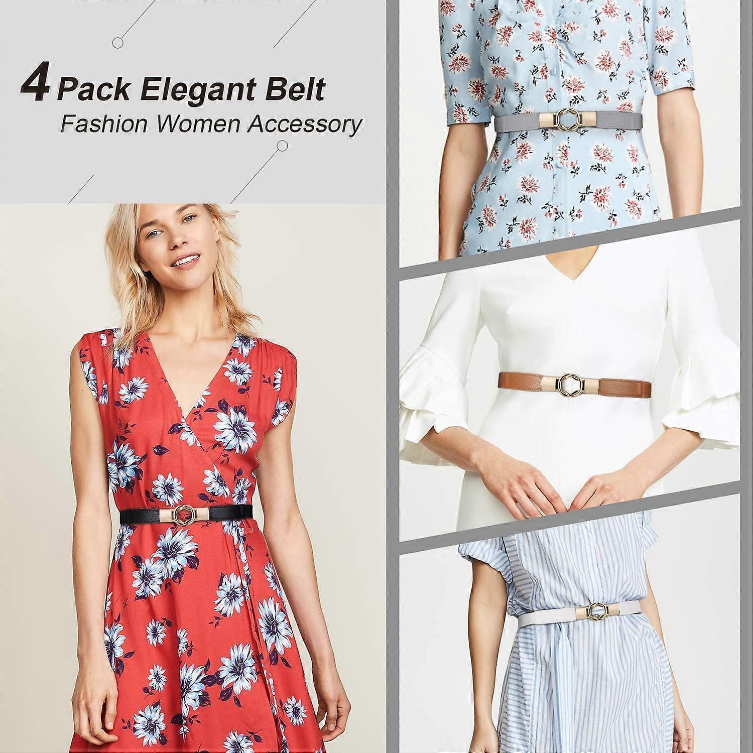 4 Pack Women Retro Elastic Stretchy Metal Buckle Skinny Waist Belt ...